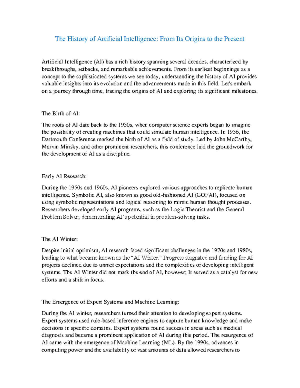 The History of Artificial Intelligence Informative speech - The History of Artificial ...