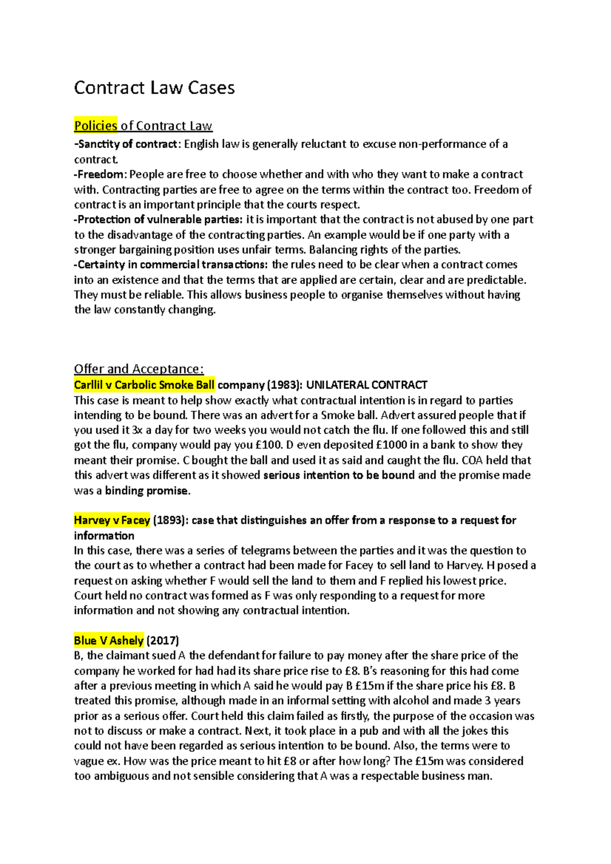 Contract Law Cases - Good for revision purposes. - Contract Law Cases ...
