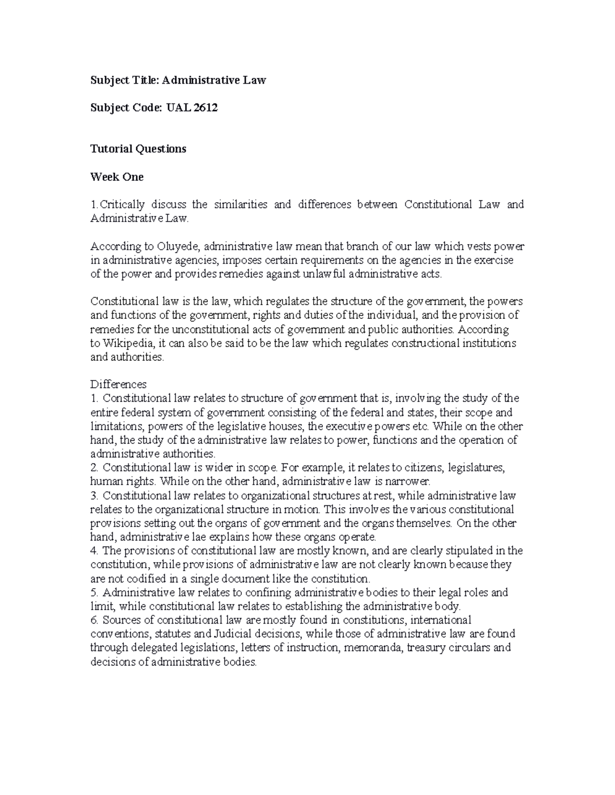 Admin Tutorial 1 - Subject Title: Administrative Law Subject Code: UAL ...