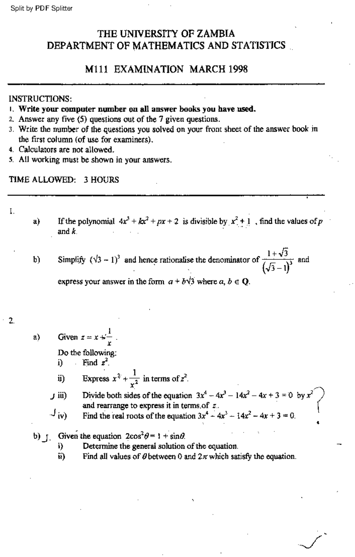 UNZA NS past papers - Mathematics m111 past paper 1998 - Split PDF ...