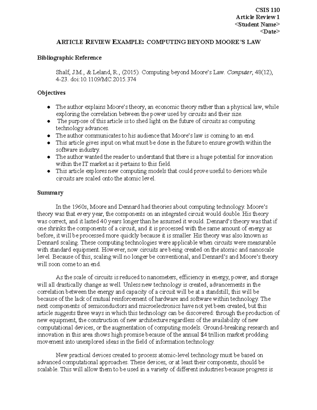 Article Review Example - Article Review 1 ARTICLE REVIEW EXAMPLE: - Studocu