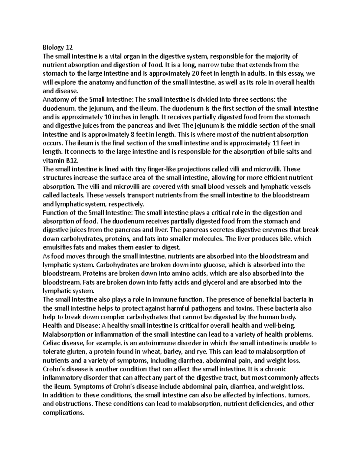 Biology 12 - notes - Biology 12 The small intestine is a vital organ in ...