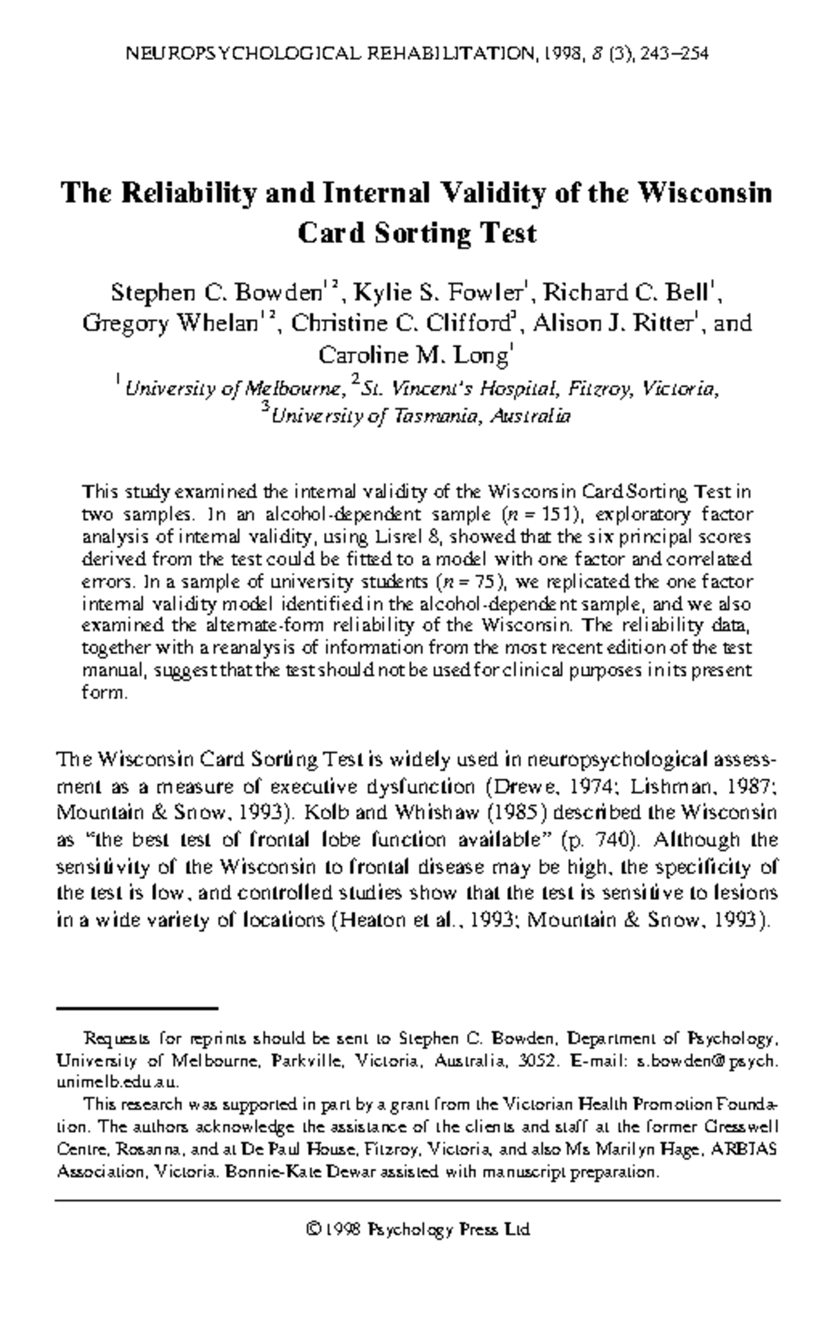 Wcstreliability - psychology - The Reliability and Internal Validity of the Wisconsin Card ...