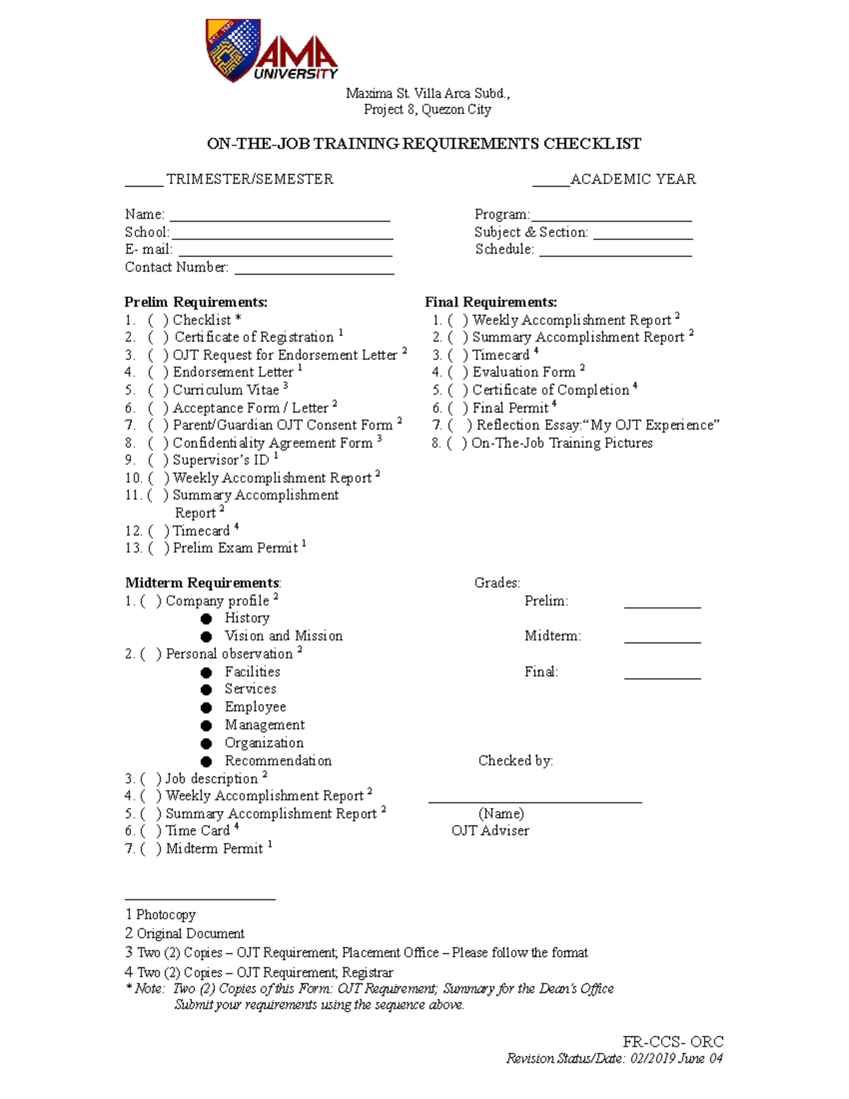 001 - OJT Requirement Checklist - Maxima St. Villa Arca Subd., Project ...