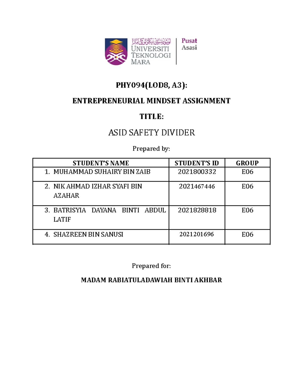 Entrepreneurial Mindset Assingment - PHY094(LOD8, A3): ENTREPRENEURIAL MINDSET ASSIGNMENT TITLE ...
