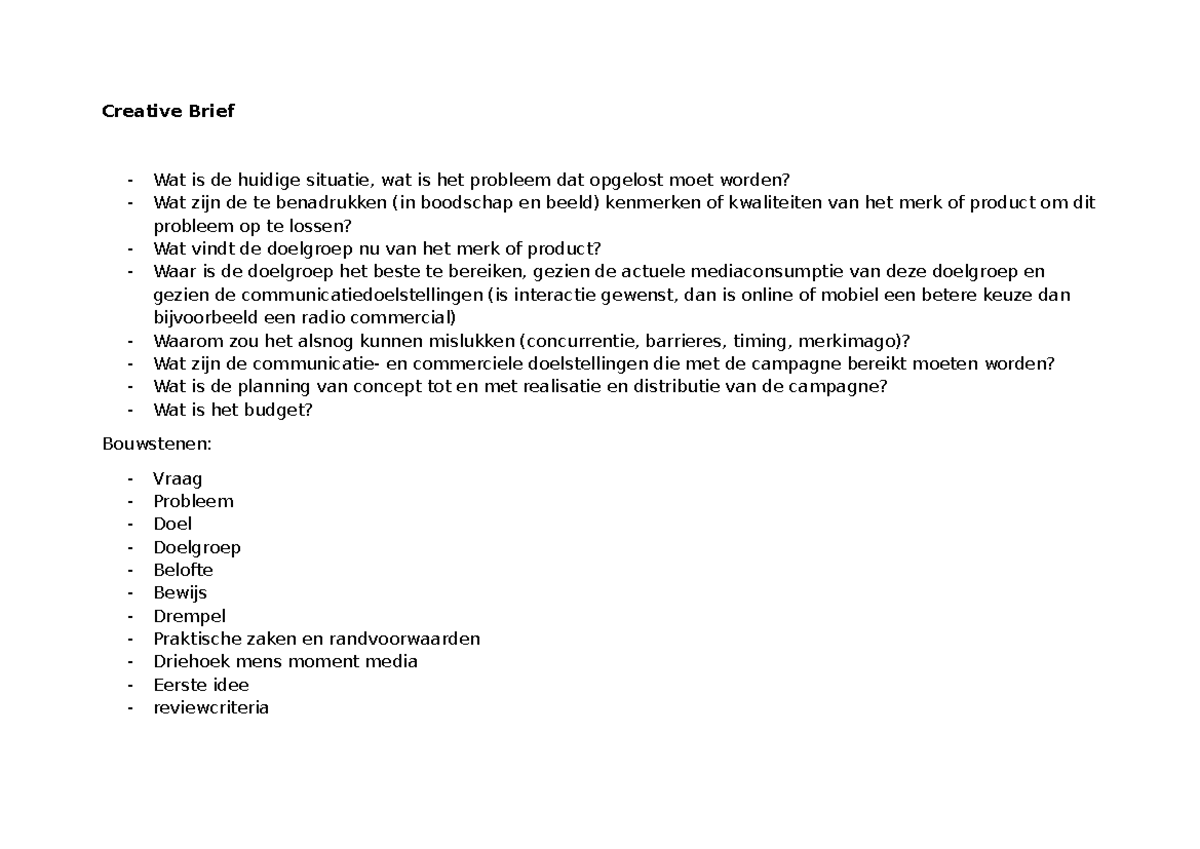 Creative Brief - Samenvatting Copy & Concept - Creative Brief - Wat is ...