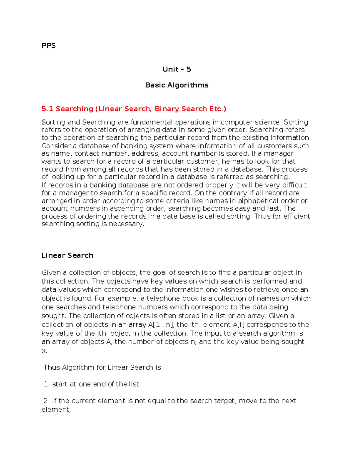 Pps 5 Basic Algorithms Searching Linear Search Binary Search Etc