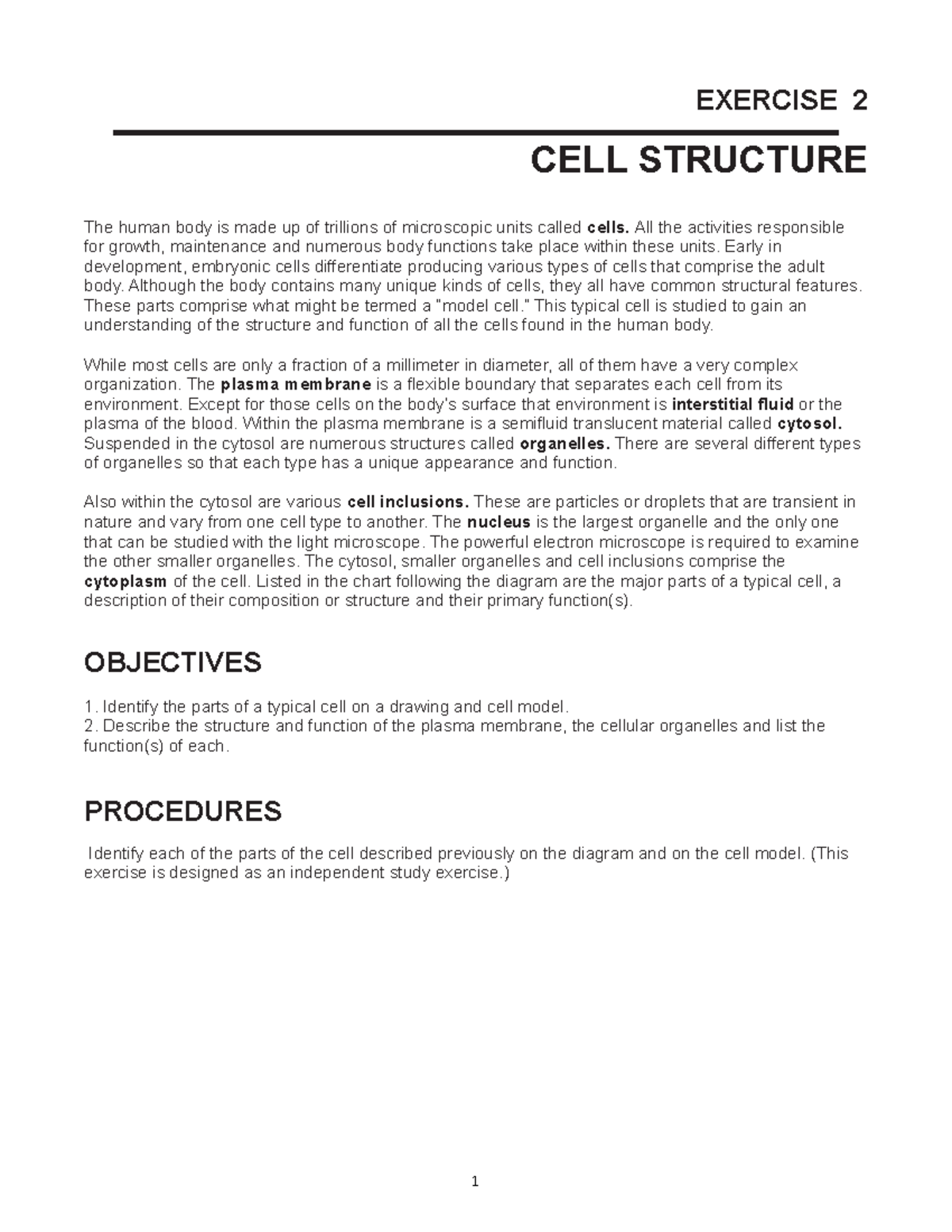 AP1+Exercise+2+-+cells - EXERCISE 2 CELL STRUCTURE The human body is ...