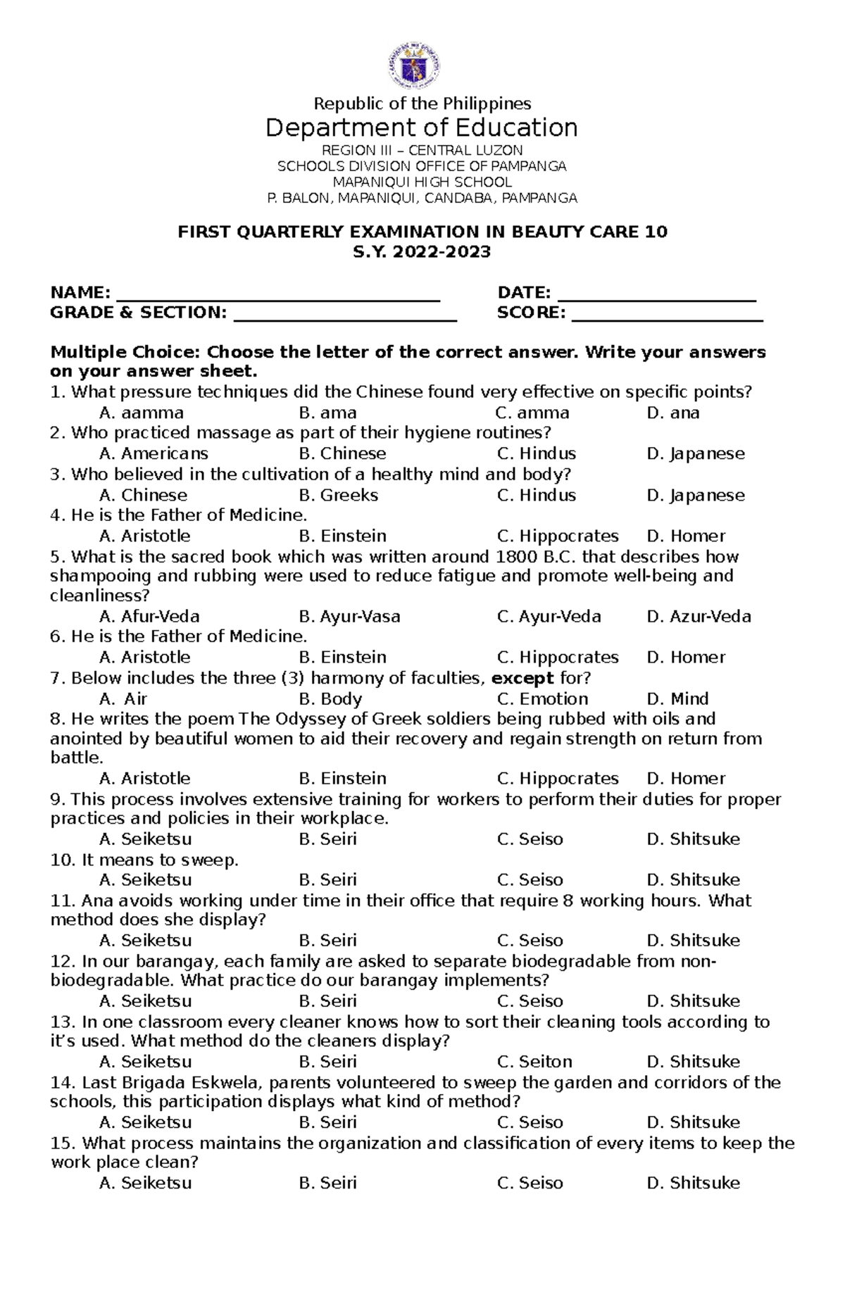 1st Quarterly Examination - G10 (Final) - Republic of the Philippines ...
