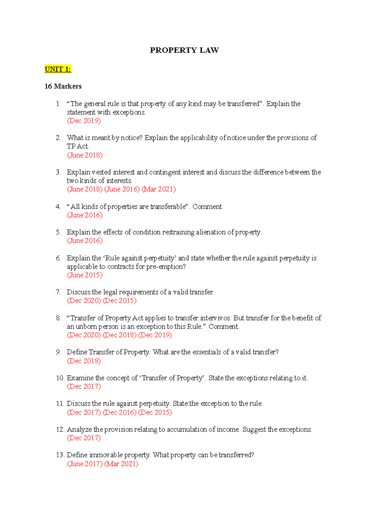 Property LAW - Comipilation of all QPs - PROPERTY LAW UNIT 1: 16 ...