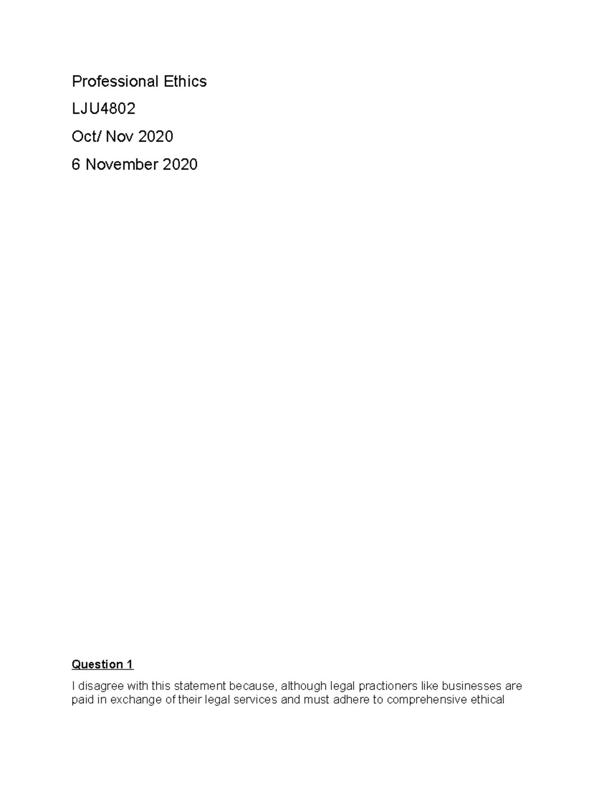 PROFESSIONAL ETHICS EXAM MEMO - Professional Ethics LJU Oct/ Nov 2020 6 ...