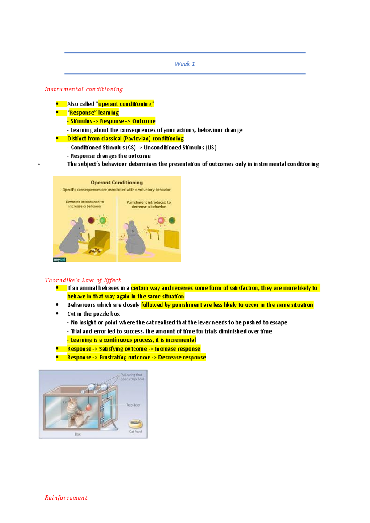 Week 1 - Lecture notes 1 - Week 1 Instrumental conditioning Also called ...