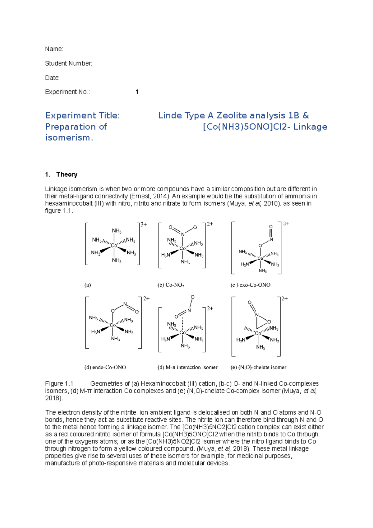 Experiment: Linde type A zeolite analysis - Name: Student Number: Date ...