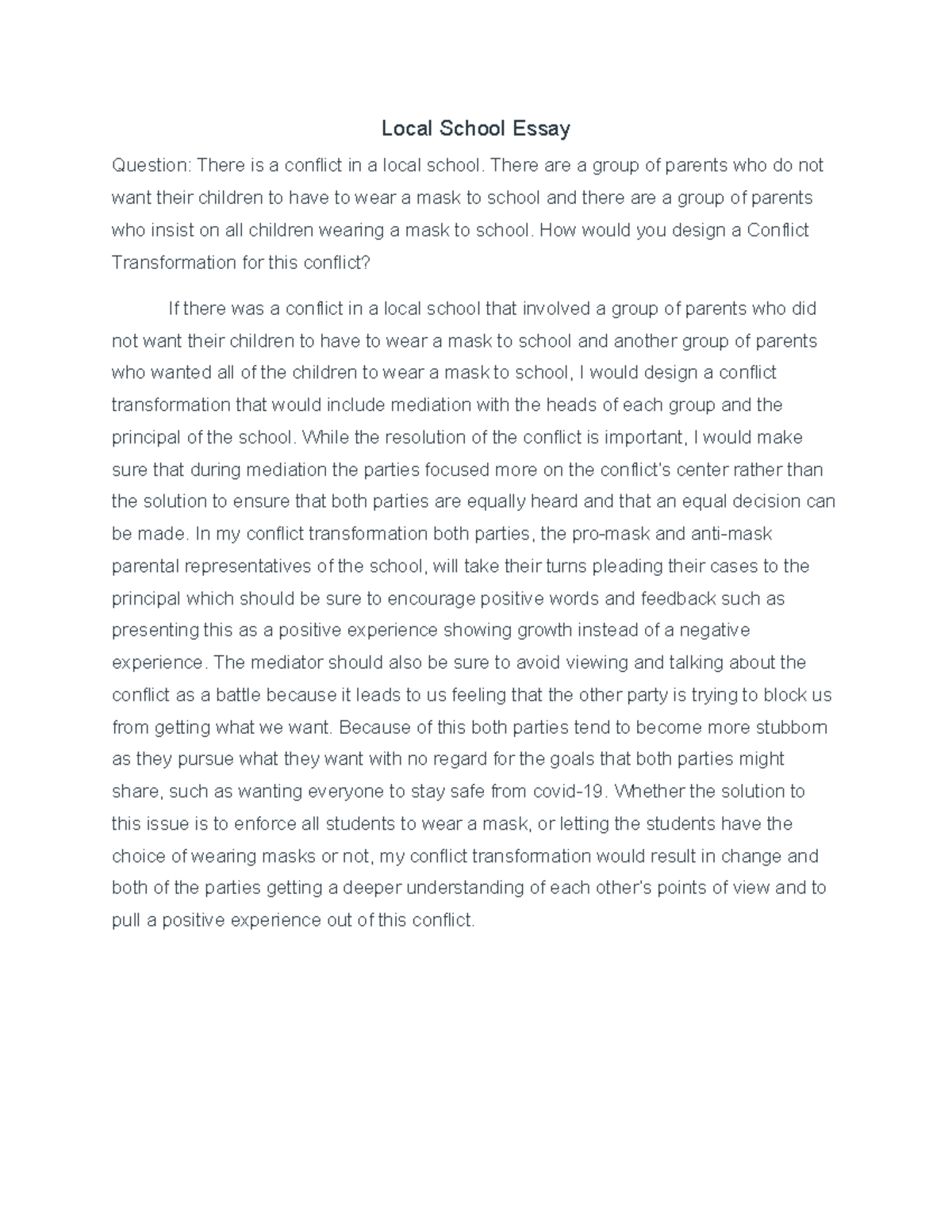 Local School Essay - Local School Essay Question: There is a conflict ...