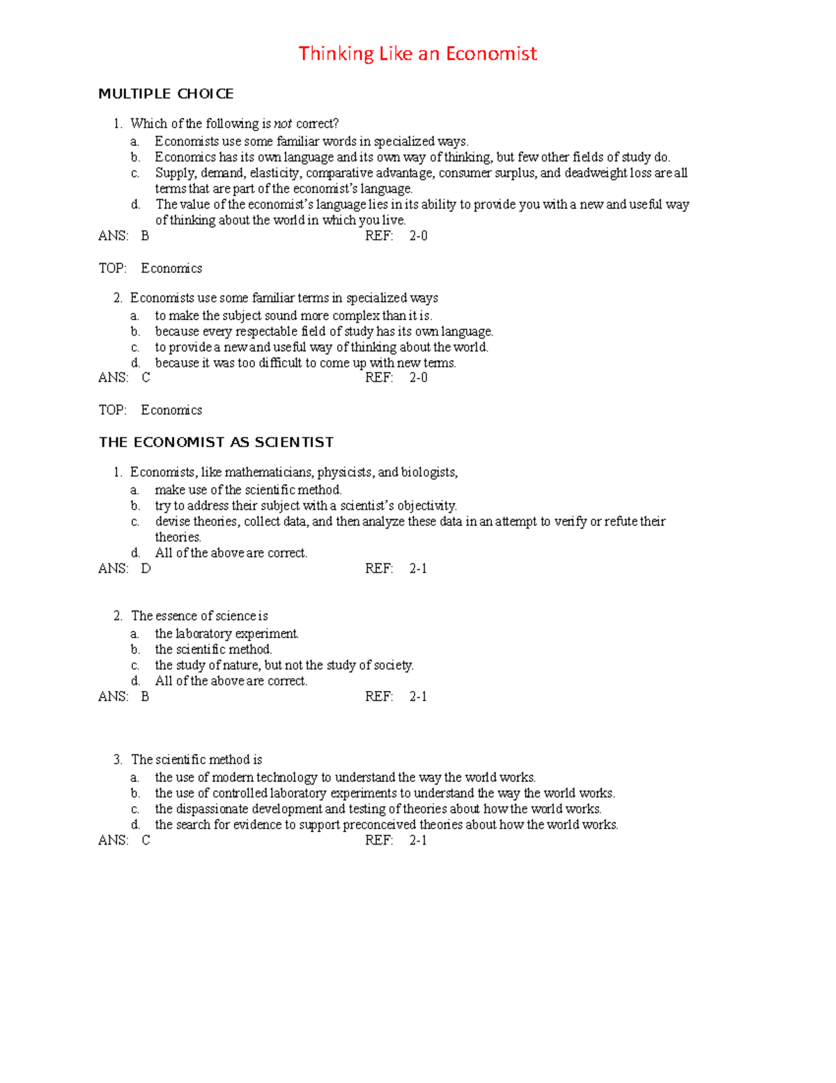 Thinking Like an Economist - Thinking Like an Economist MULTIPLE CHOICE ...