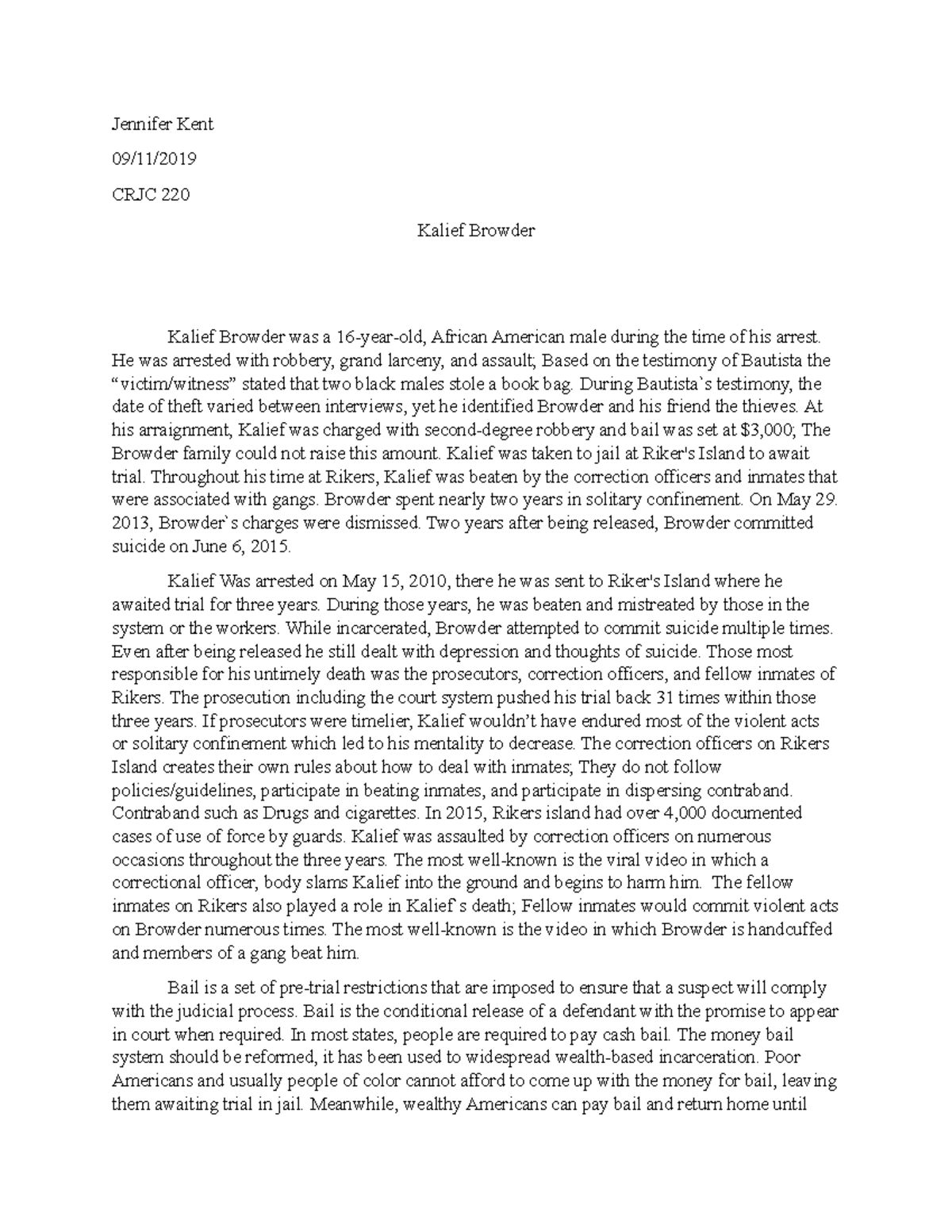 Kalief Browder - Essay - Jennifer Kent 09/11/ CRJC 220 Kalief Browder ...