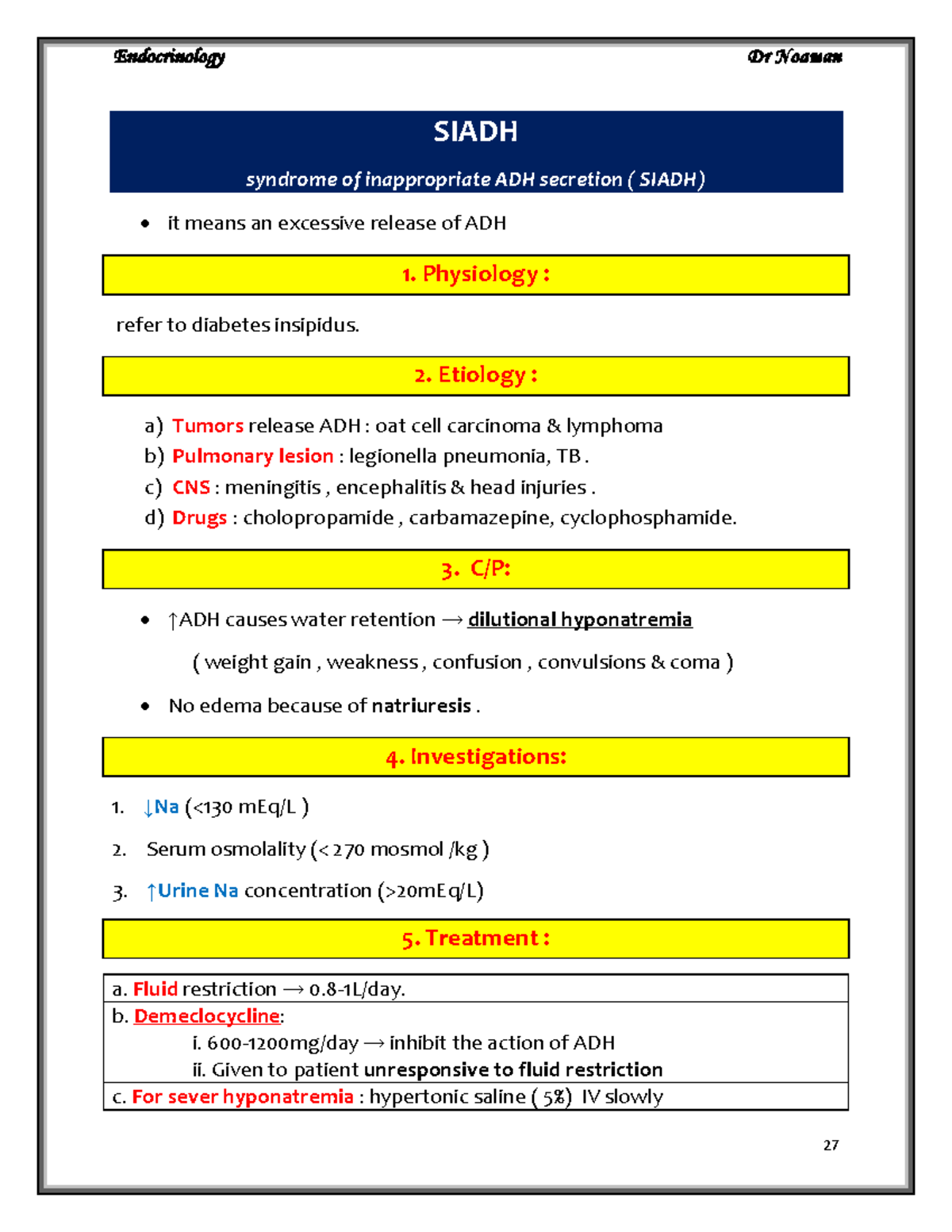 Siadh - internal medicine - Endocrinology Dr Noaman 27 SIADH syndrome ...
