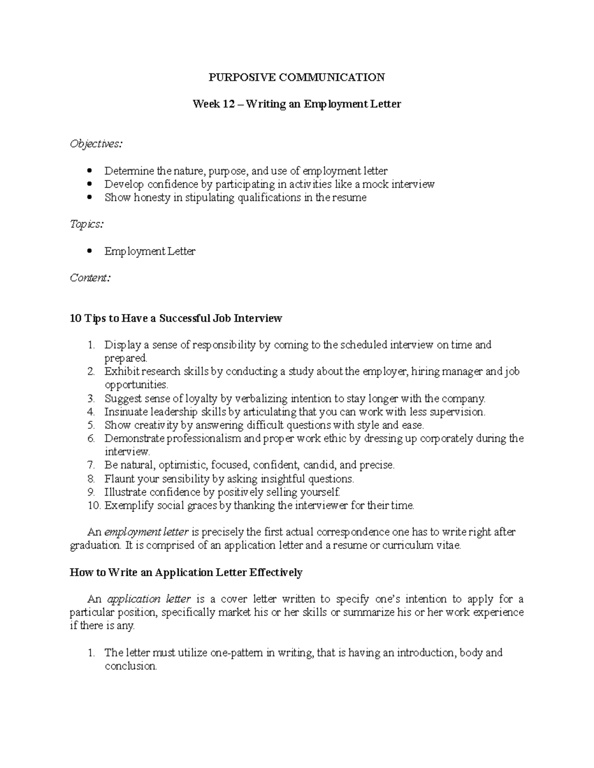 Week 12 - Employment Letter - PURPOSIVE COMMUNICATION Week 12 – Writing ...