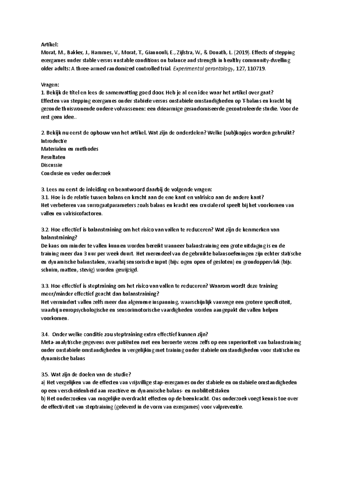 Hulpvragen artikel 6 college 8 - Artikel: Morat, M., Bakker, J., Hammes ...