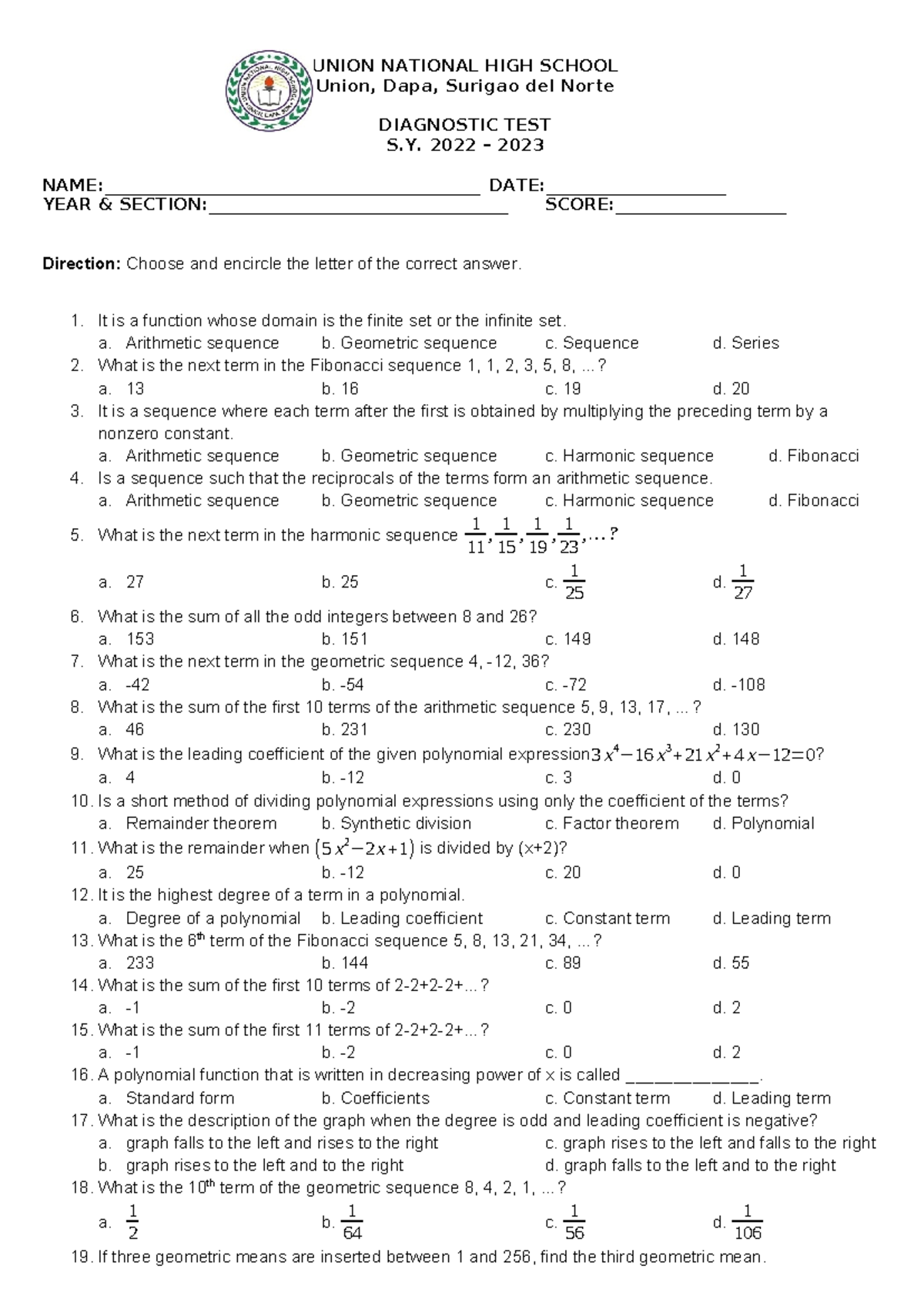 MATH 10 Diagnostic TEST - UNION NATIONAL HIGH SCHOOL Union, Dapa ...