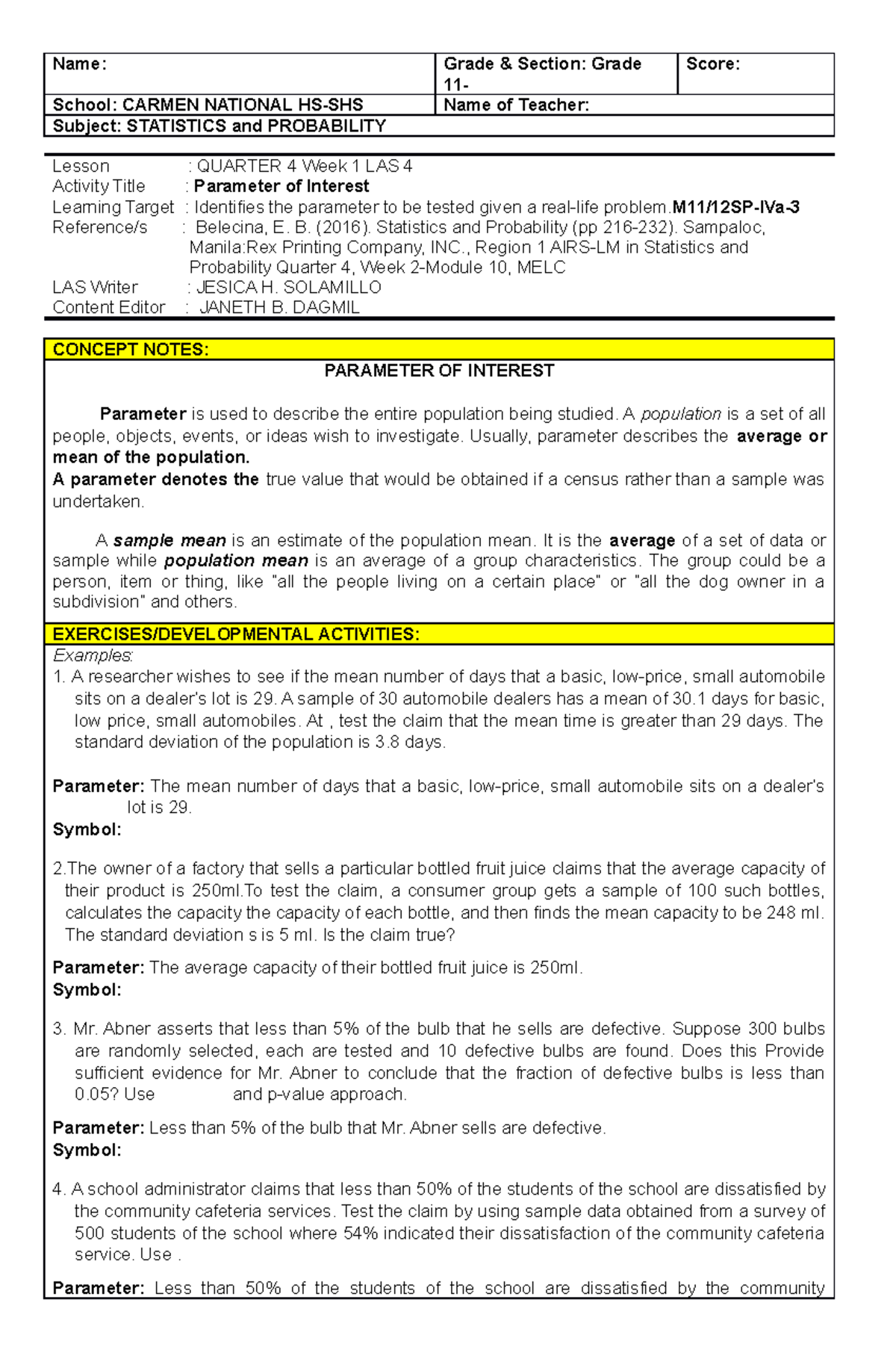 Statistics AND Probability Q4 WEEK 1 LAS 4 - Name: Grade & Section ...