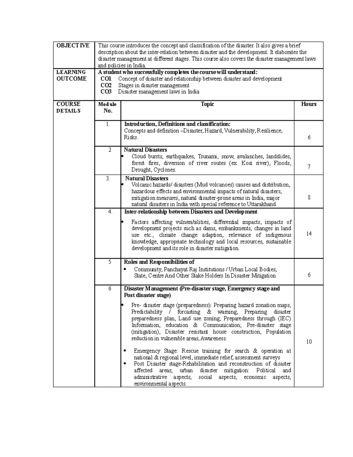 Disaster Management - OBJECTIVE This course introduces the concept and ...