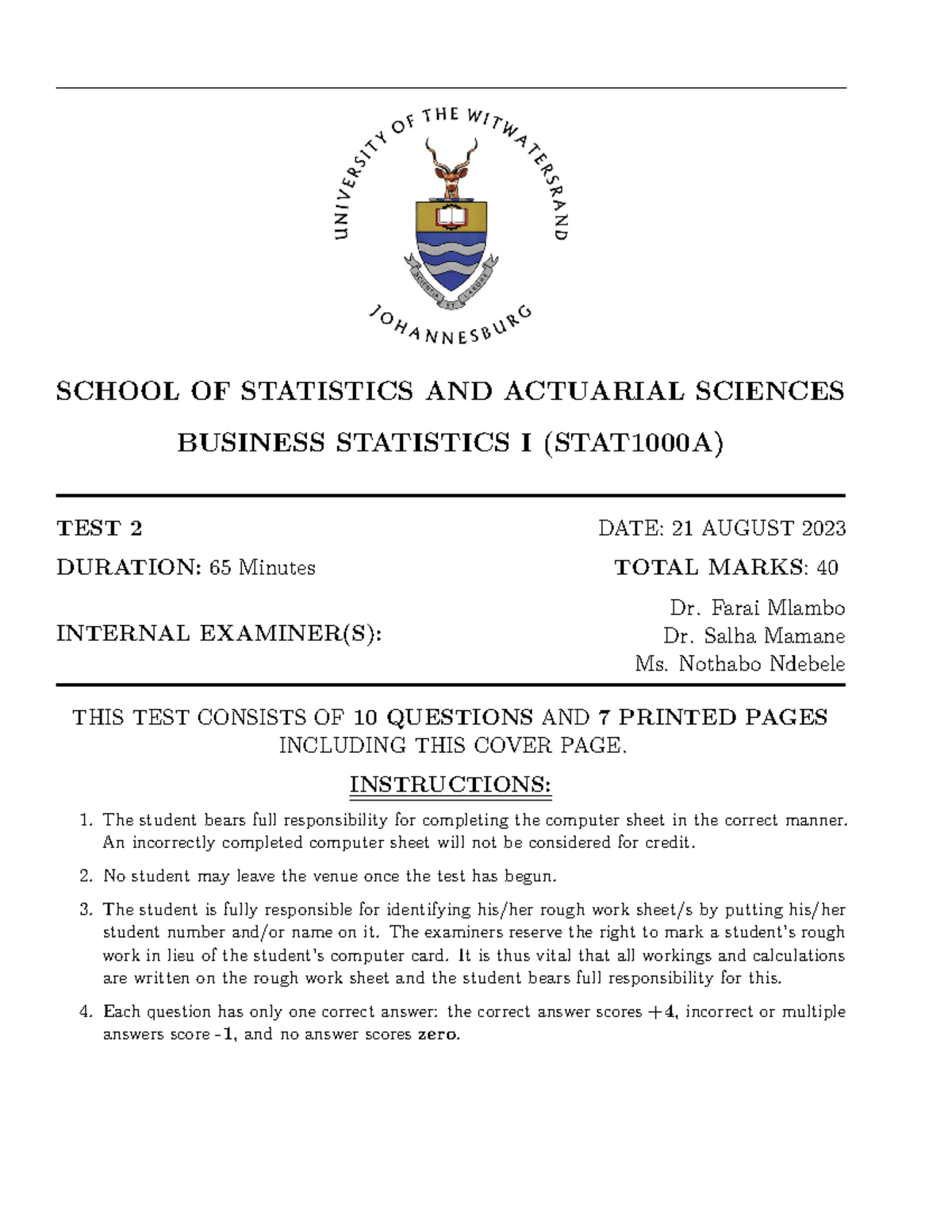 Test2V2 - test 2 - SCHOOL OF STATISTICS AND ACTUARIAL SCIENCES BUSINESS ...
