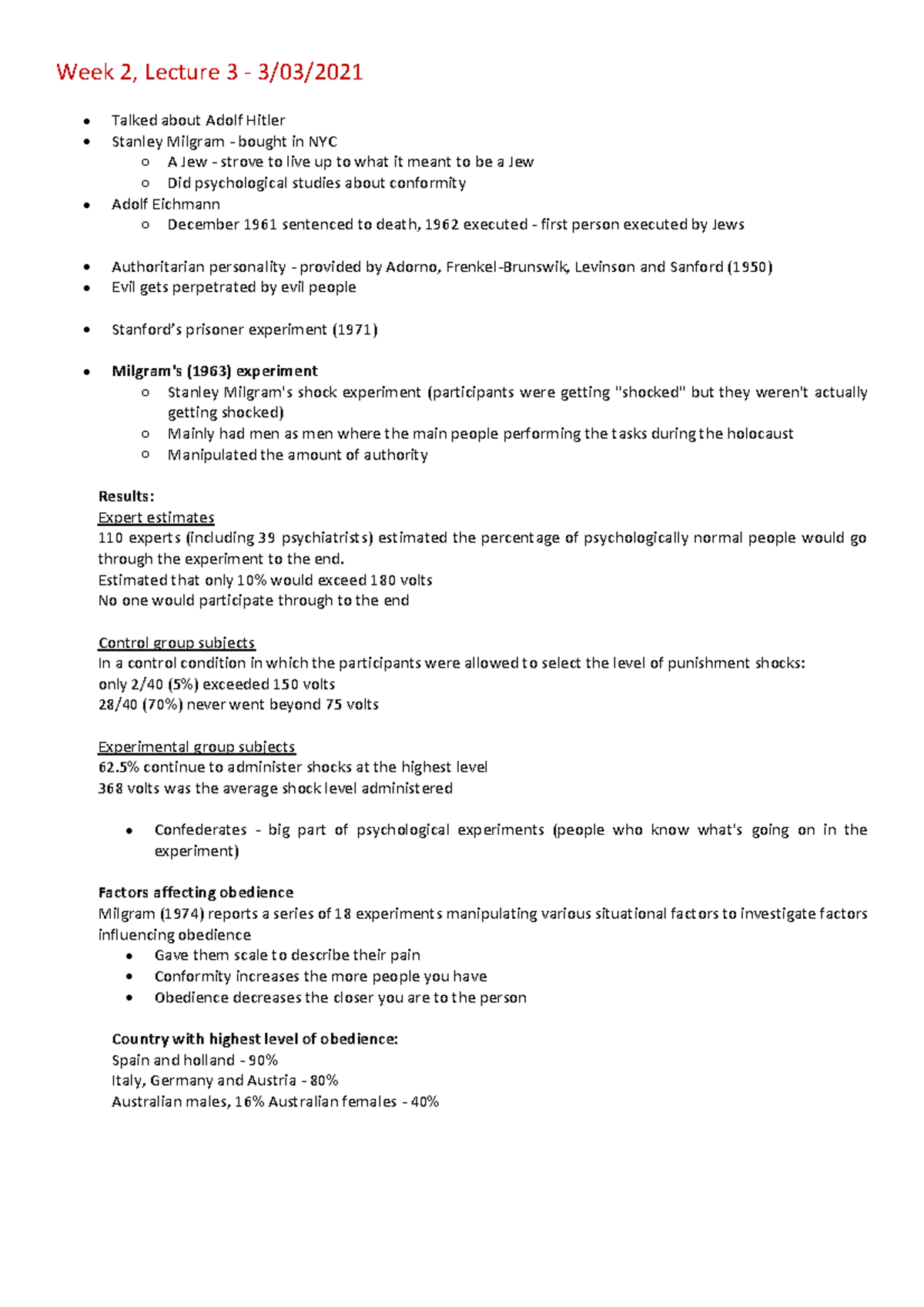 PSYC121 Week 2 Lecture 3 - Week 2, Lecture 3 - 3/03/ Talked about Adolf ...