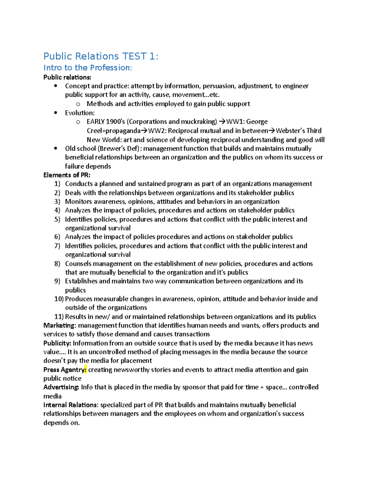 STC259 Public Relations TEST 1 NOTES - Public Relations TEST 1: Intro ...