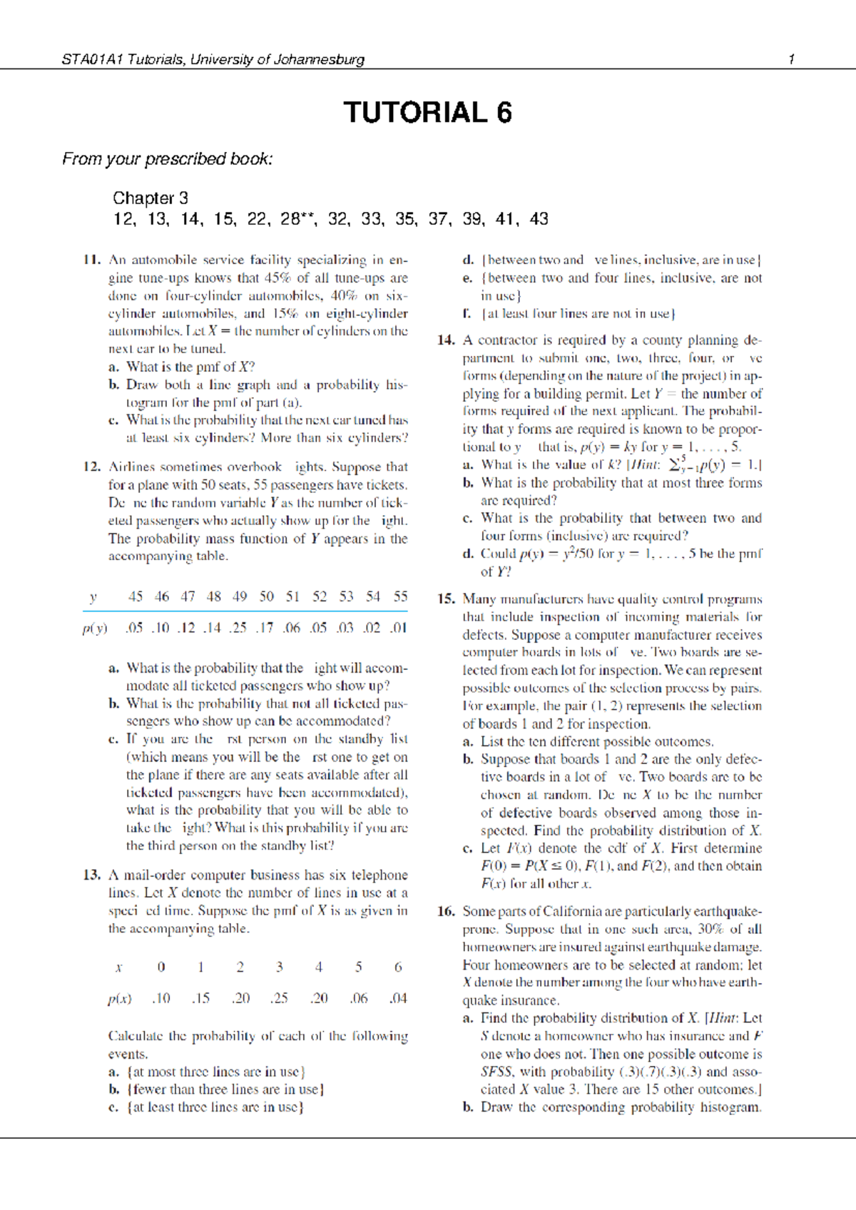 Tutorial 6 - Good practice for an exam - STA1B01 - From your prescribed ...