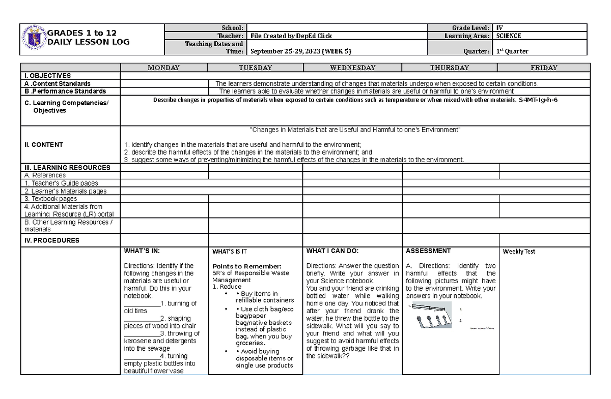 ytyty hvhjvhv hhjvhj - GRADES 1 to 12 DAILY LESSON LOG School: Grade ...