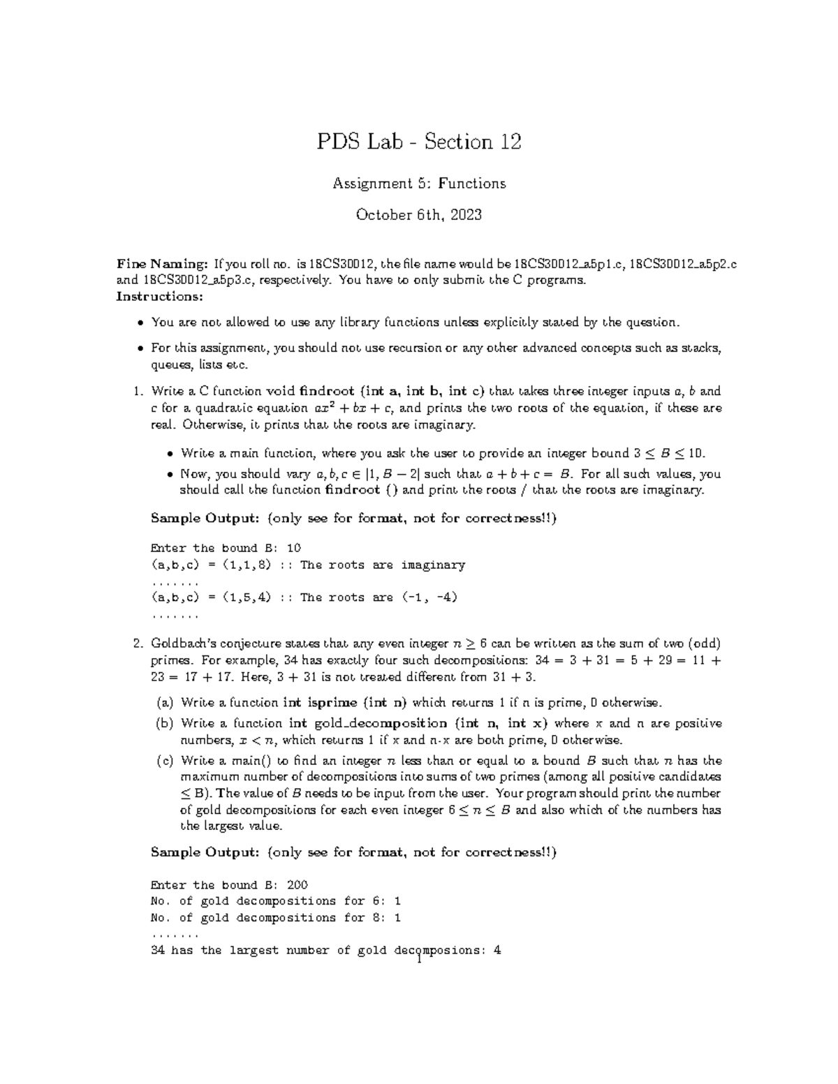 PDSlab 23 Assignment 5 - PDS Lab - Section 12 Assignment 5: Functions October 6th, 2023 Fine ...