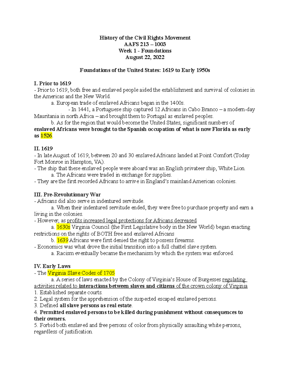 Week 1 Notes - History of the Civil Rights Movement AAFS 213 – 1003 ...