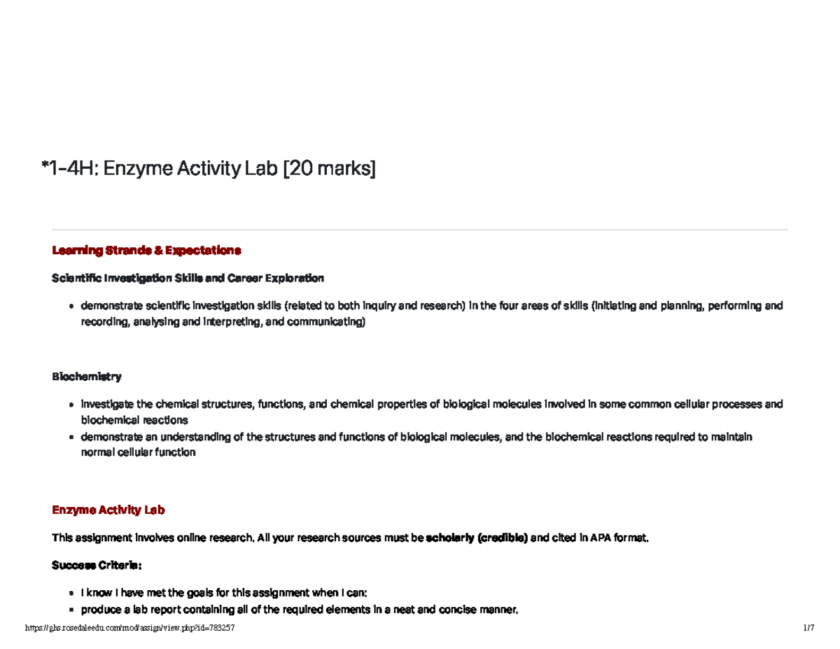1-4H Enzyme Activity Lab [20 marks] - * 1 - 4 H : E nz y m e Ac t i v i ...