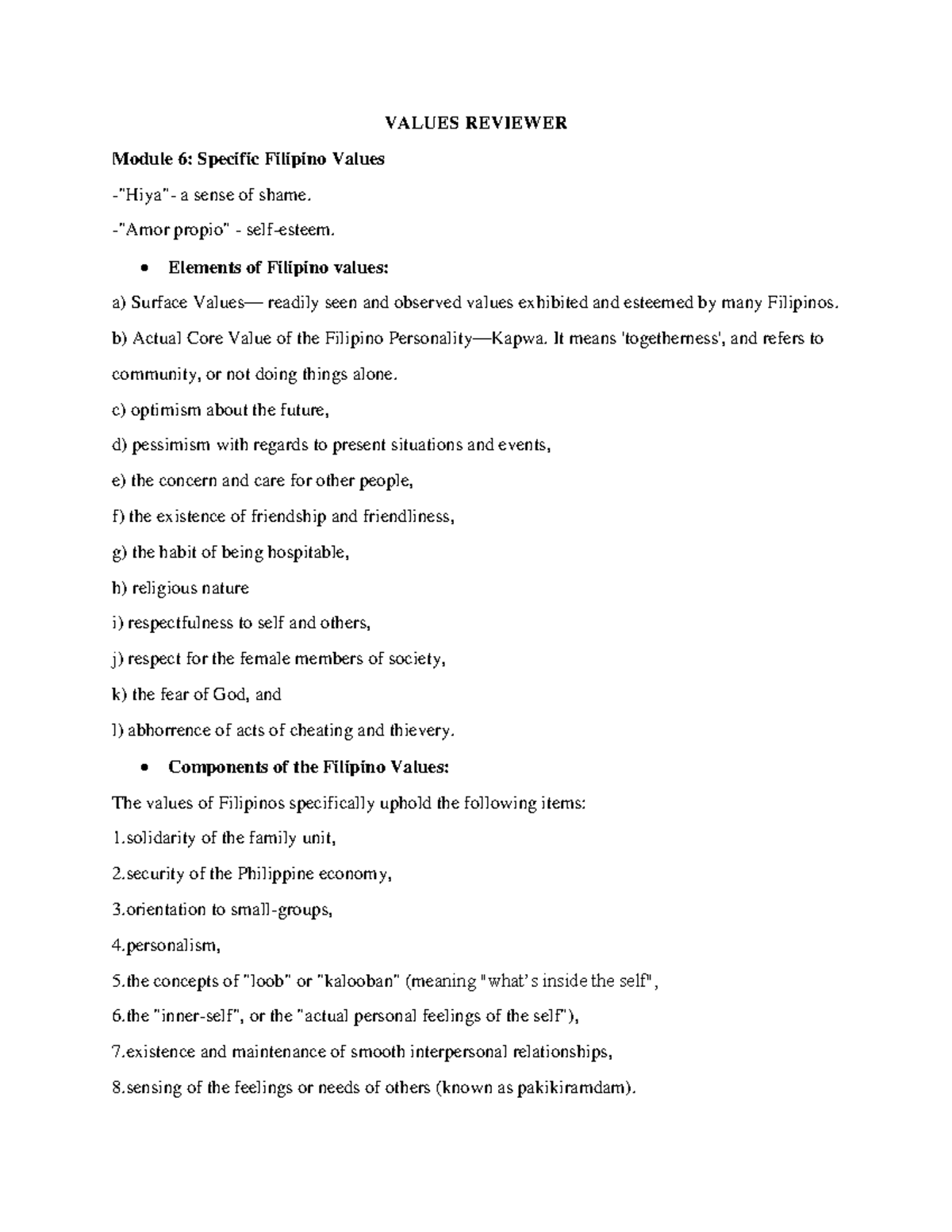 ACT-1 2 - yours - VALUES REVIEWER Module 6: Specific Filipino Values ...