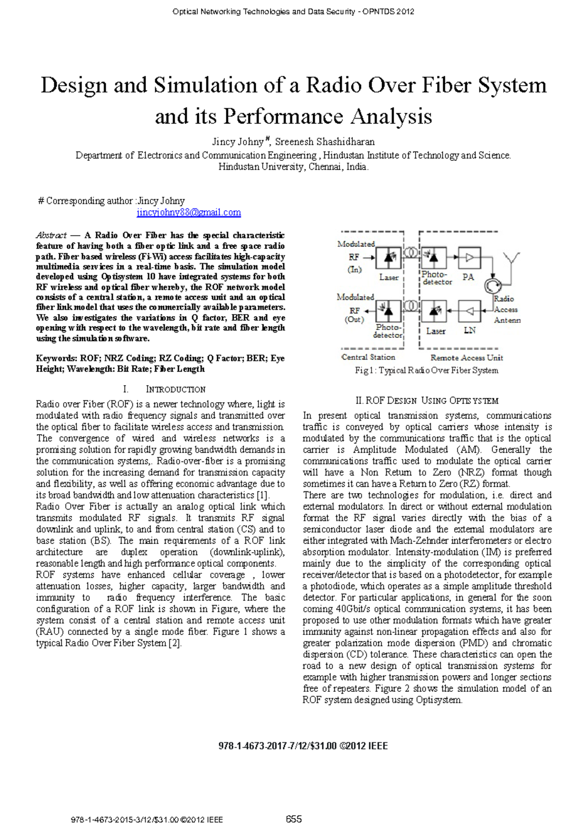 Optisystem project 1 - Design and Simulation of a Radio Over Fiber ...