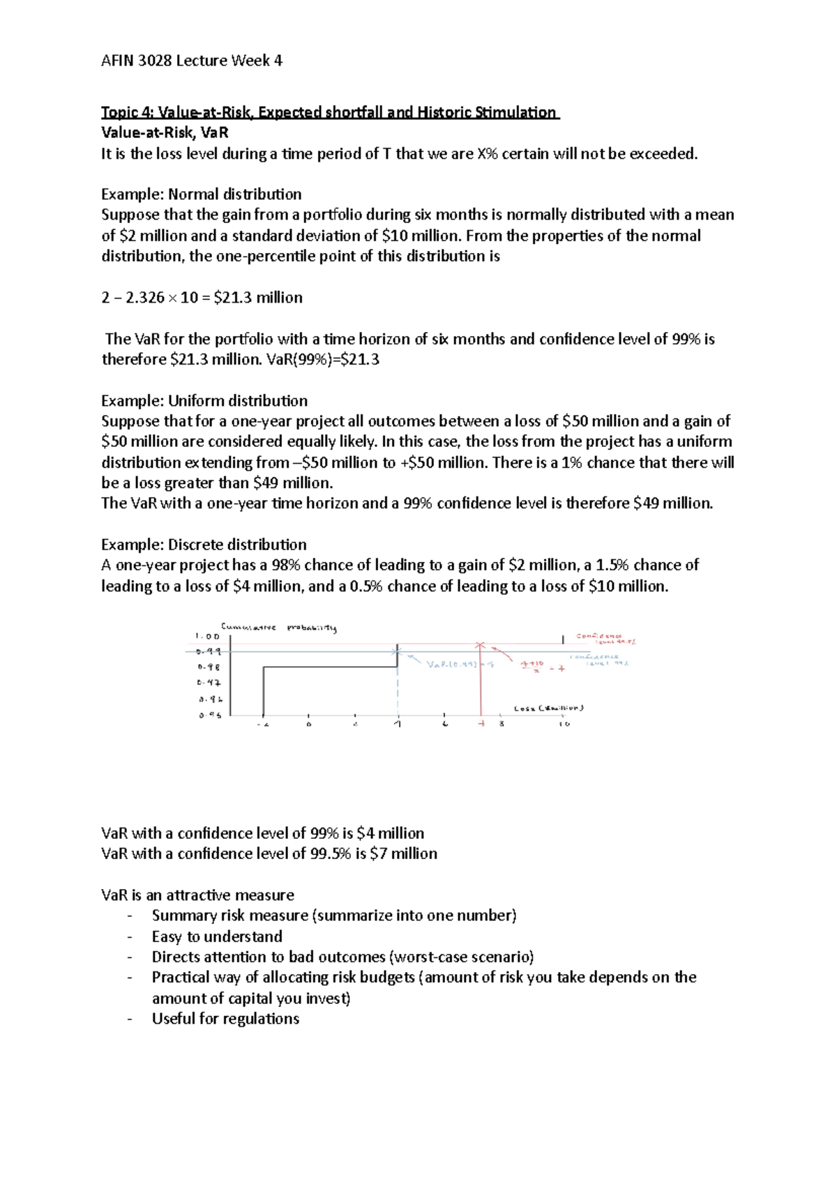 AFIN lecture week 4 - Topic 4: Value-at-Risk, Expected shortfall and ...