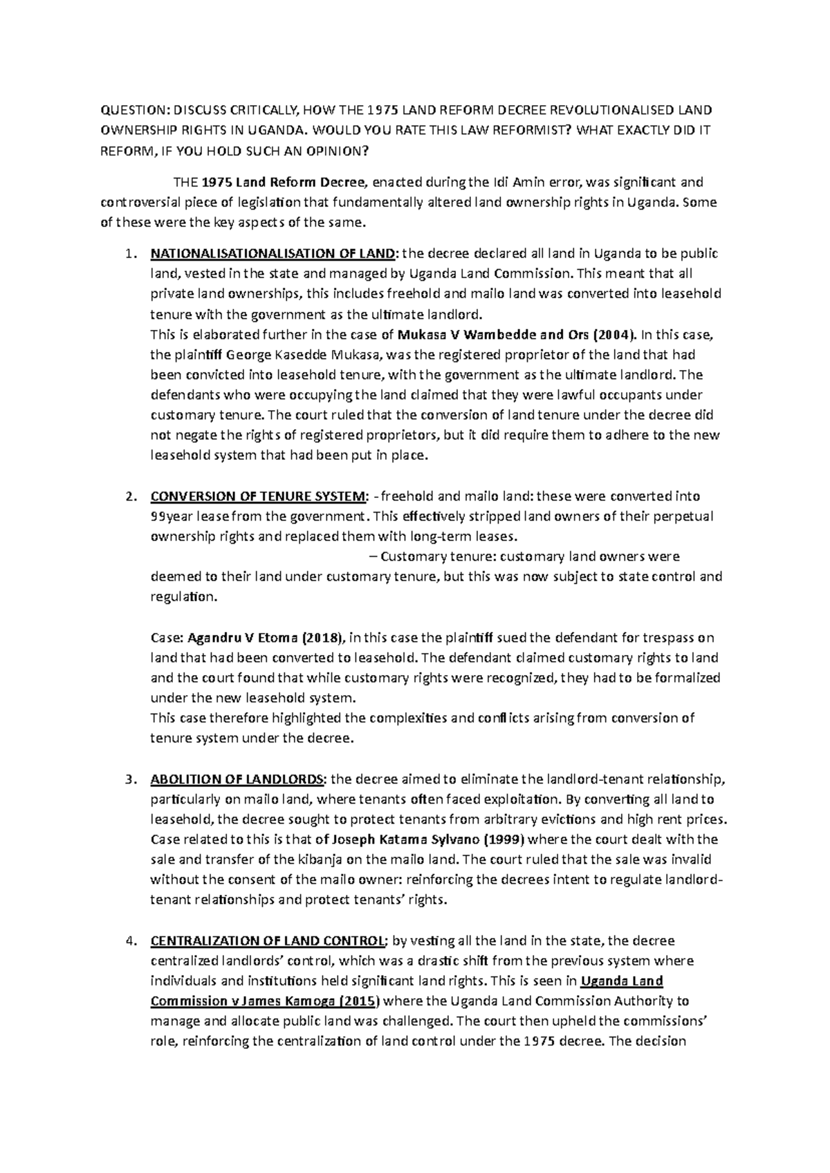 Land law about 1975 land reform decree by Sheila Bugembe - QUESTION ...