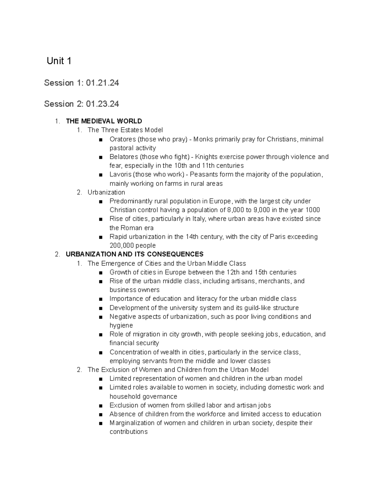 Class Notes - Unit 1 Session 1: 01. Session 2: 01. 1. THE MEDIEVAL ...