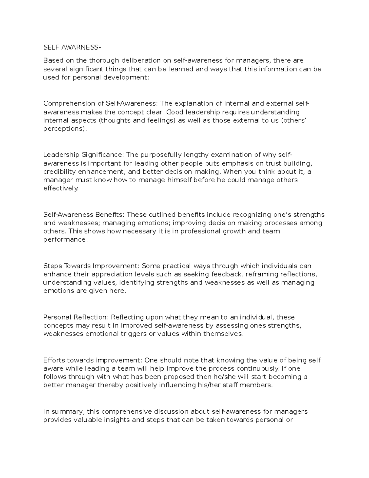 MGMT - international student . - SELF AWARNESS- Based on the thorough ...