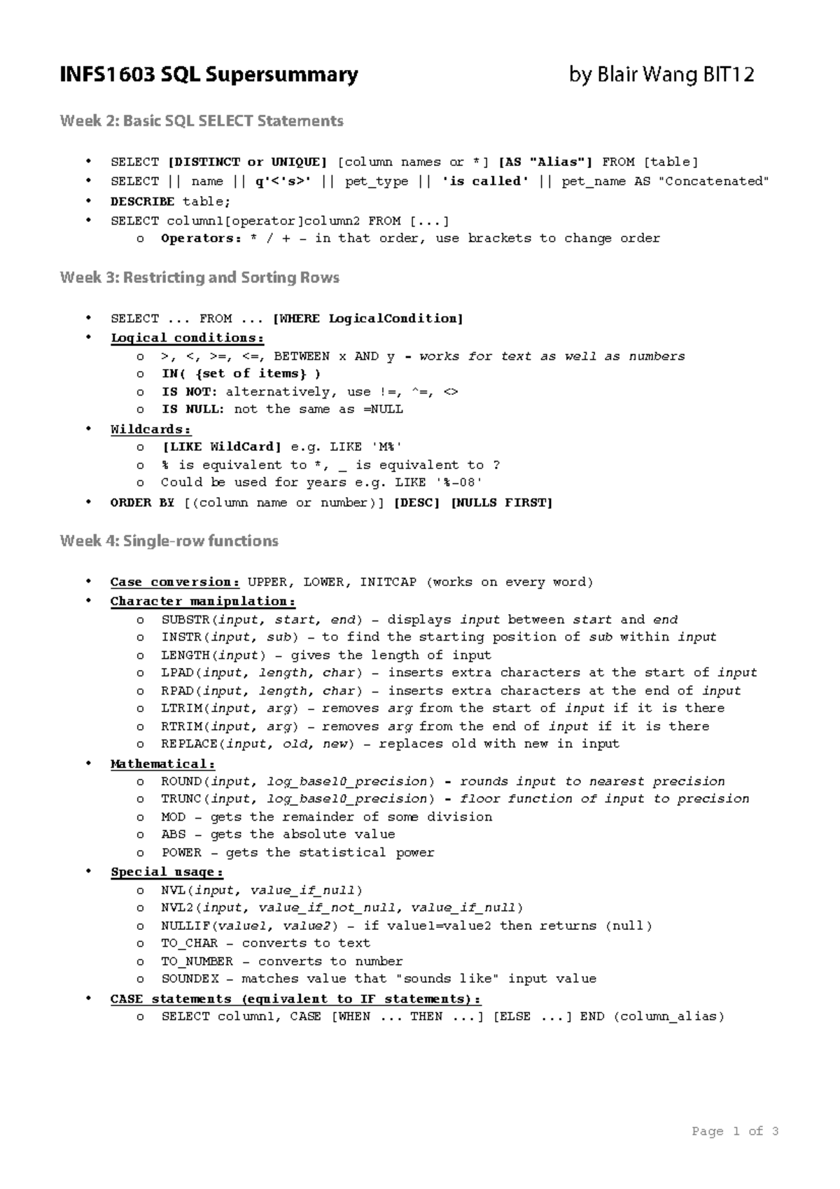 INFS1603 blair SQL supersummary - Page 1 of 3 INFS1603 SQL Supersummary by Blair Wang BIT Week 2 ...