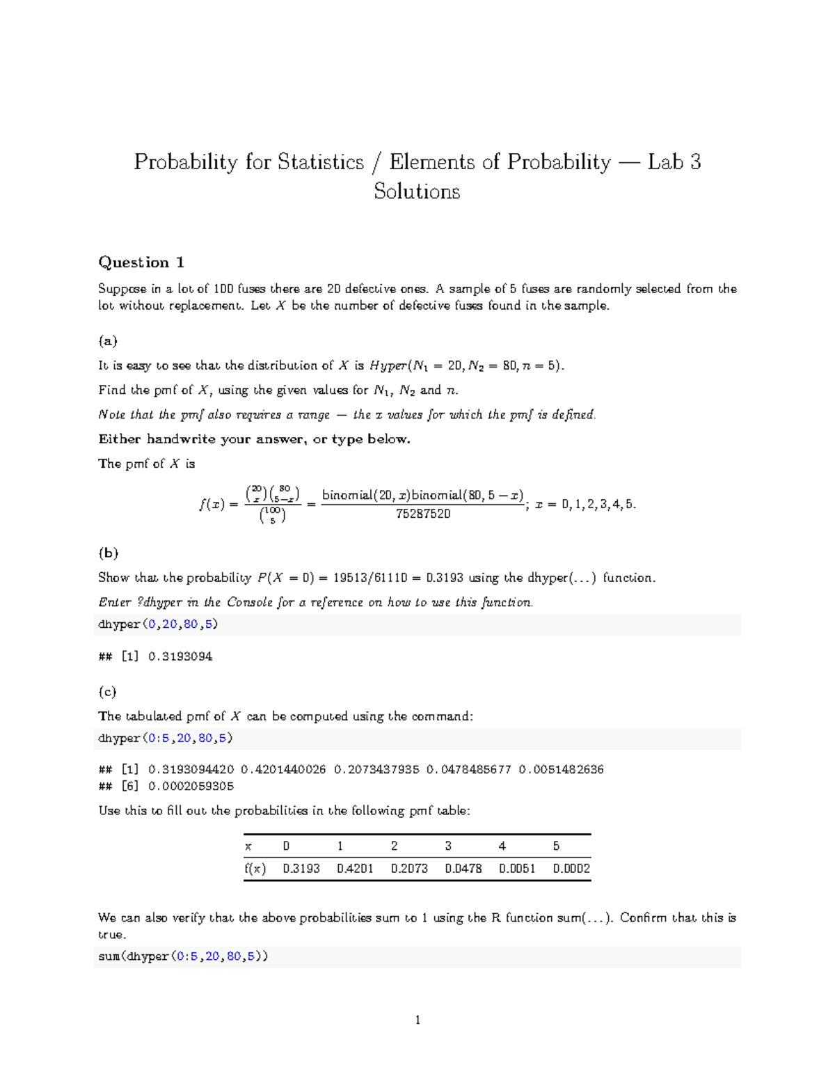 Lab 3 Solutions 1 - lab - Probability for Statistics / Elements of ...