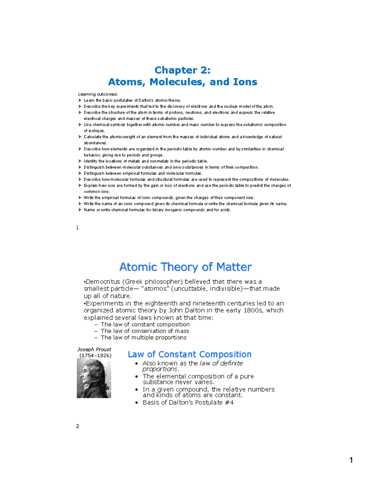 CHEMISTRY 1 .. - Chapter 2: Atoms, Molecules, and Ions Learning ...