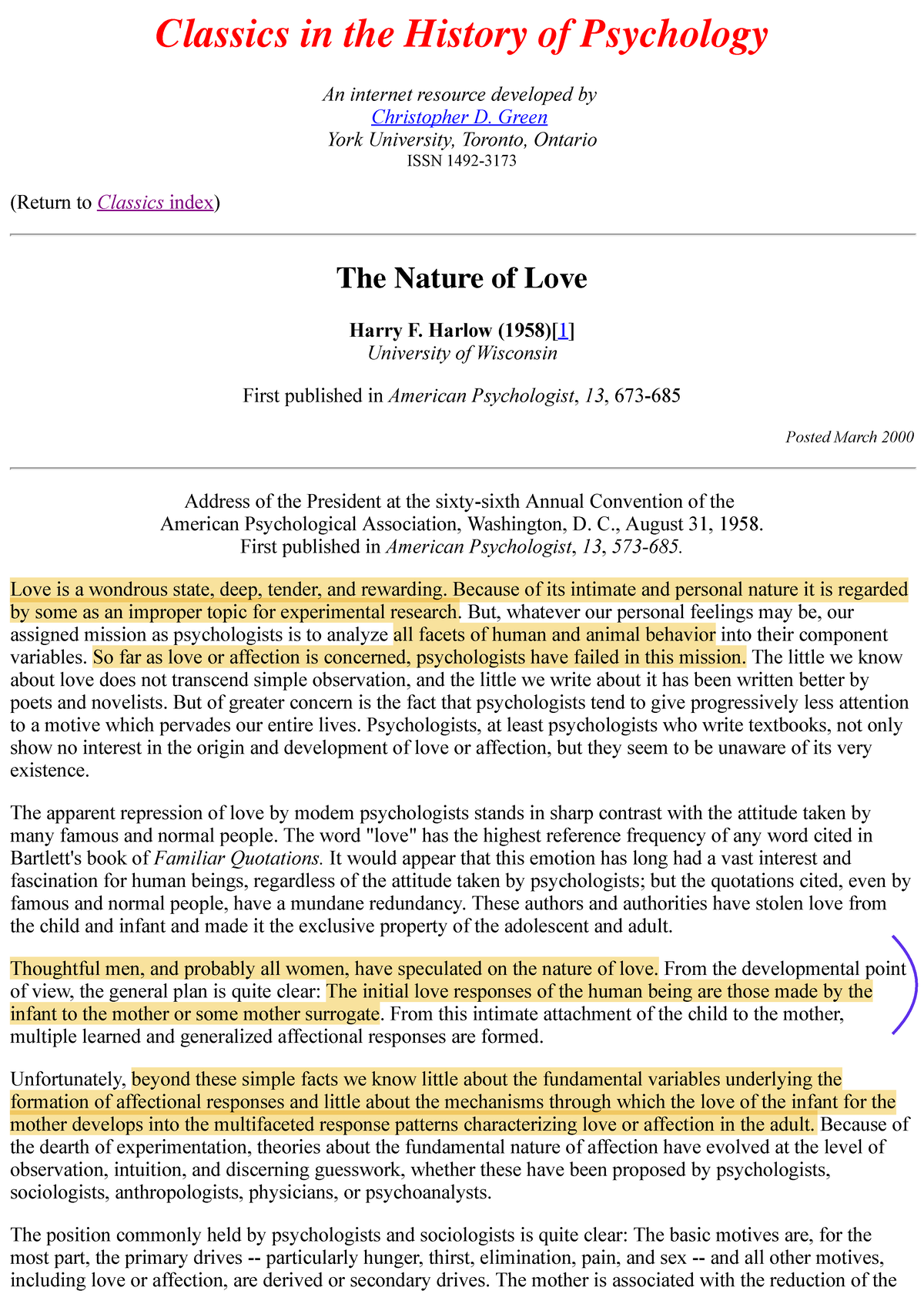 Harlow 1958 The Nature of Love - Classics in the History of Psychology ...