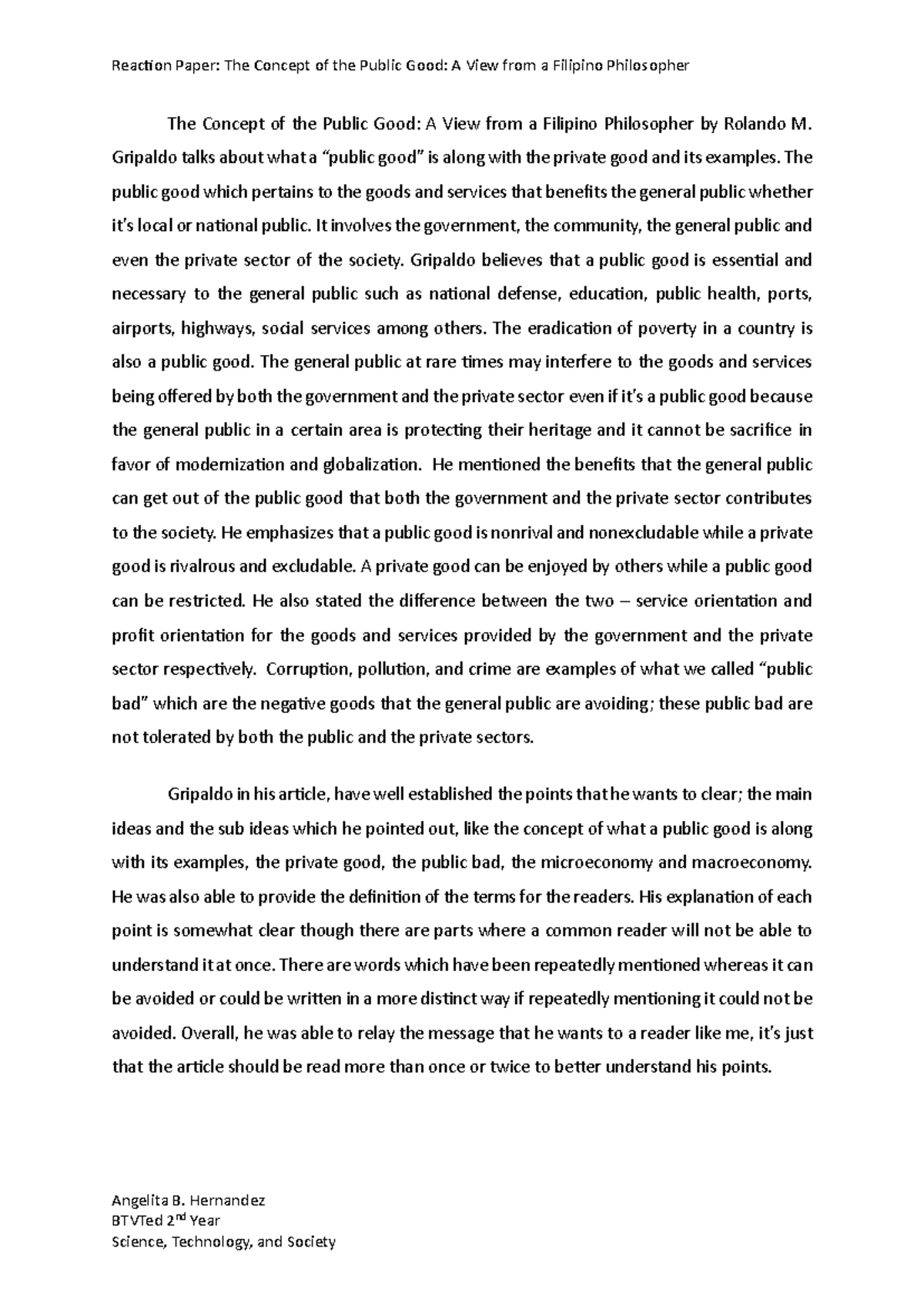 Reaction Paper The Public Good - Reaction Paper: The Concept of the ...