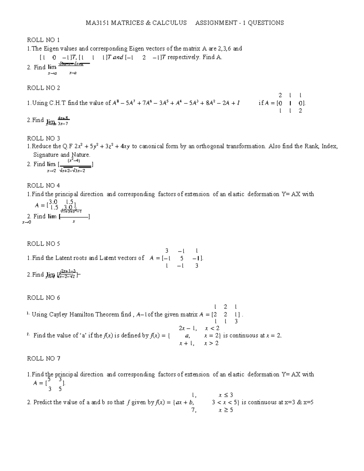 MAT & CAL Assignment 1 - useful - MA3151 MATRICES & CALCULUS ASSIGNMENT - 1 QUESTIONS ROLL NO 1 ...