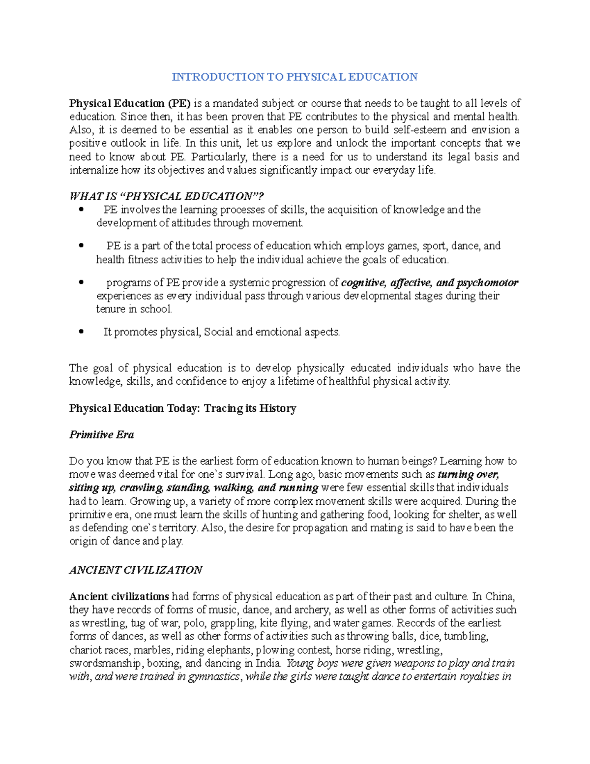 PE Lesson 1-5 - Introducation to PE - INTRODUCTION TO PHYSICAL ...