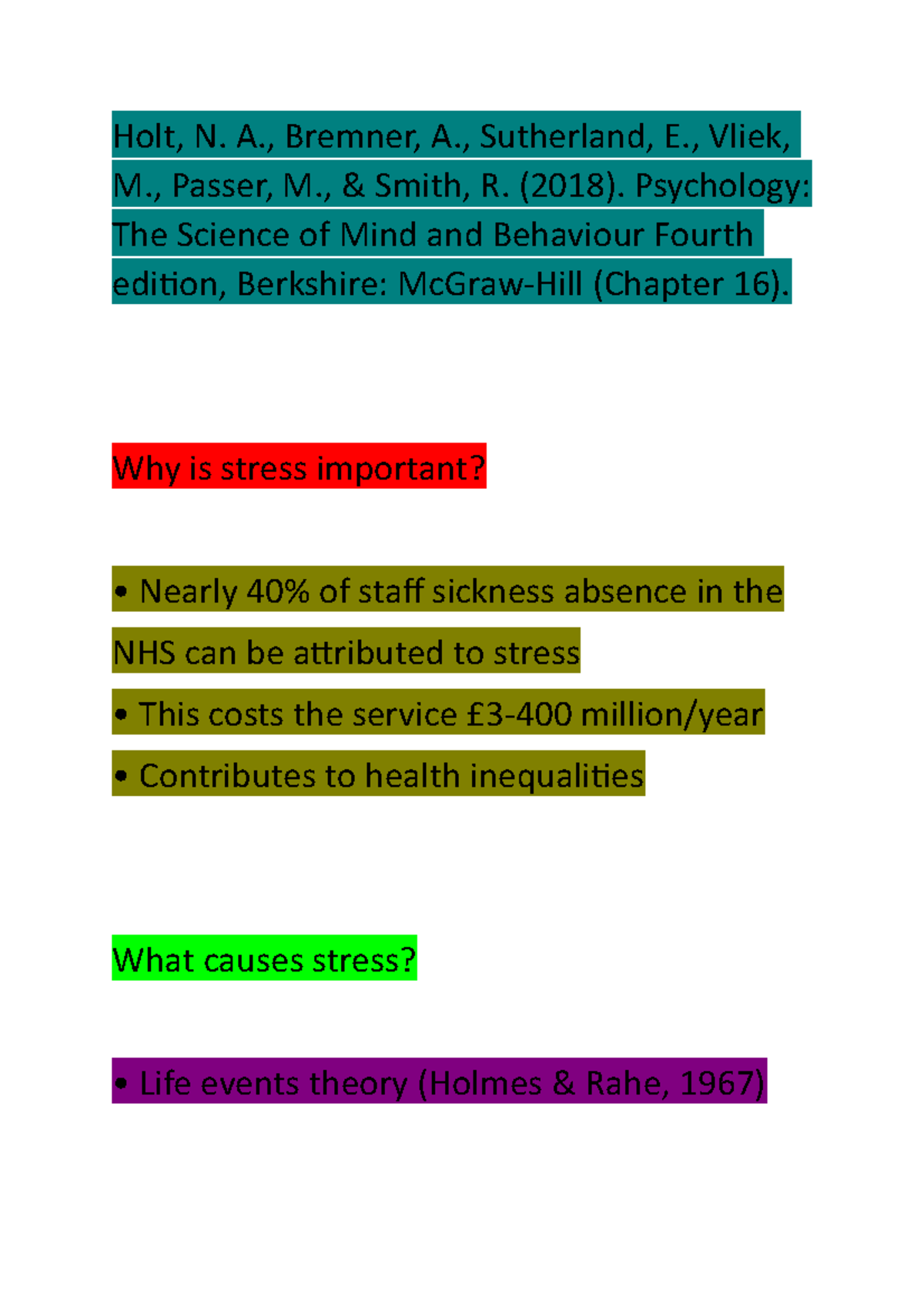 Stress and health - Lecture notes Lecture 20 (12/03/21) - Holt, N. A ...