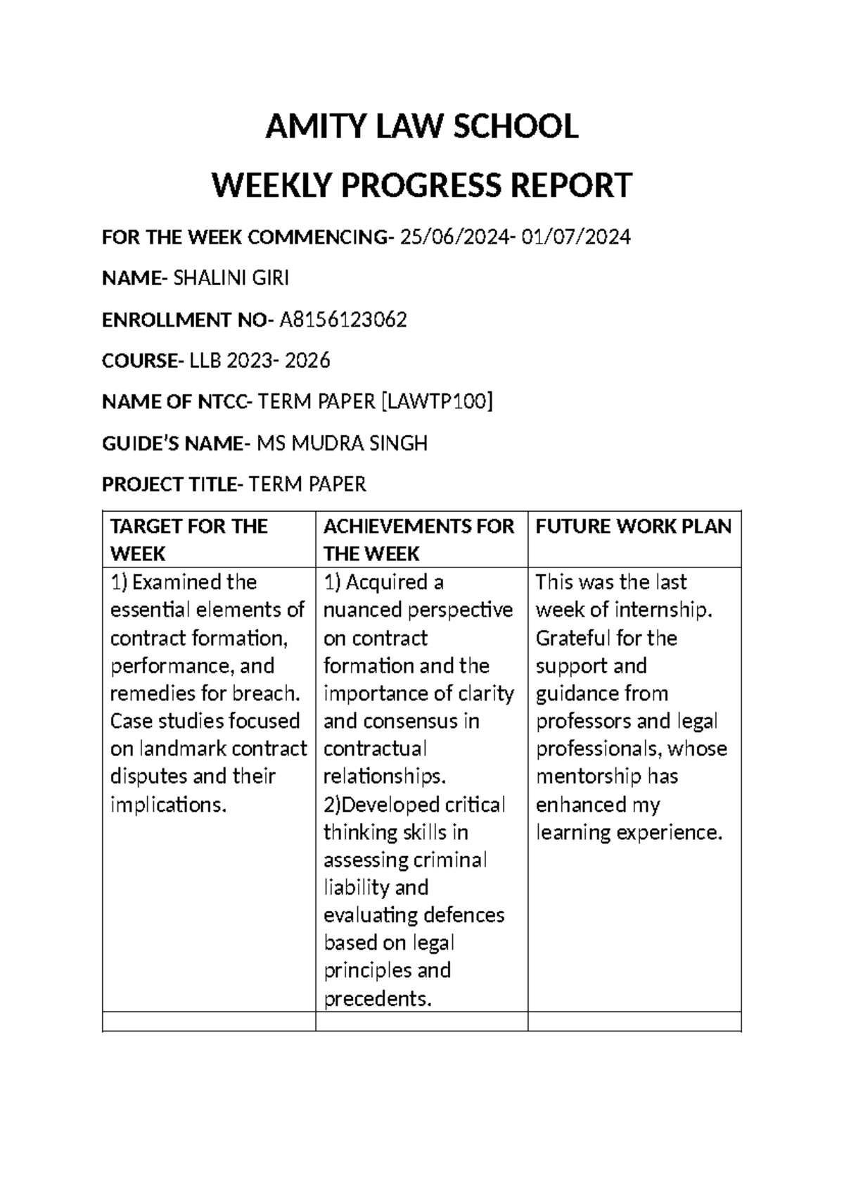 Shalini giri wpr 7 - ntcc weekly progress report - AMITY LAW SCHOOL WEEKLY PROGRESS REPORT FOR ...