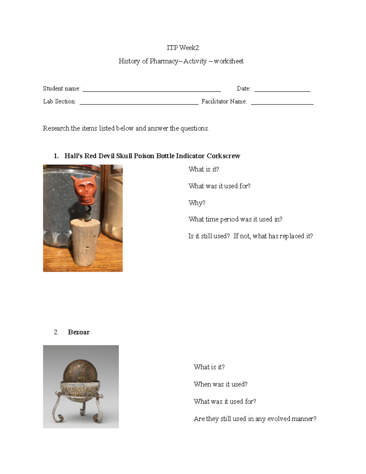 History of Pharmacy activity worksheet - ITP Week History of Pharmacy ...